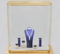 China Luxury Blue Gold Jewelry Showcase Custom Stainless Steel Glass Pedestal Cabinet LED Light Necklace Ring Retail Store Mall for sale