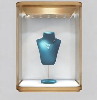 China Luxury Gold Metal Jewelry Display Case with Tempered Glass and LED Lighting for Necklace Showcase in Mall for sale