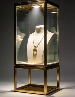 China Luxury Jewelry Store Modern Tall Display Furniture with LED Spotlight Tempered Glass and Metal Construction for Retail Showcase for sale