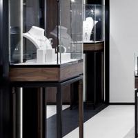 China Modern Business Dark Walnut Silver Trim LED Durable High Quality Jewelry Display Cases High End Custom Glass Showcases Wood Base for sale