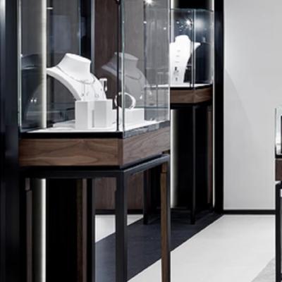 China Modern Business Dark Walnut Silver Trim LED Durable High Quality Jewelry Display Cases High End Custom Glass Showcases Wood Base for sale