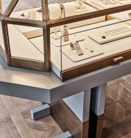 China Modern Business Dark Walnut Silver Trim LED Durable High Quality Jewelry Display Cases High End Custom Glass Showcases Wood Base for sale