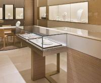 China Modern Business Dark Walnut Silver Trim LED Durable High Quality Jewelry Display Cases High End Custom Glass Showcases Wood Base for sale
