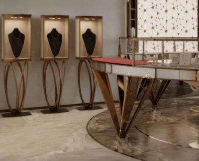 China Luxury Gilded Jewelry Display Case High End Custom Jewelry Showcase with Gold Frame Curved Design LED Lighting for Jewelry Store for sale