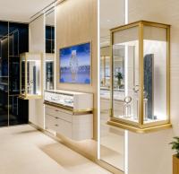 China Luxury Tall Jewelry Display Cabinet | High Quality Cream Color Gold Metal Frame | Glass Showcase Built-in LED Showroom Mall for sale