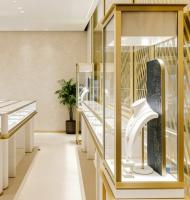 China Luxury Tall Jewelry Display Cabinet | High Quality Cream Color Gold Metal Frame | Glass Showcase Built-in LED Showroom Mall for sale