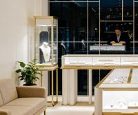 China Luxury Tall Jewelry Display Cabinet | High Quality Cream Color Gold Metal Frame | Glass Showcase Built-in LED Showroom Mall for sale