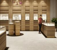 China Luxury Square Jewelry Display Cabinet | Light Wood Body Gold Metal Frame | Glass Showcase Built-in LED Strip Lights MDF Showroom for sale