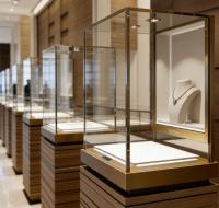 China Luxury Square Jewelry Display Cabinet | Light Wood Body Gold Metal Frame | Glass Showcase Built-in LED Strip Lights MDF Showroom for sale