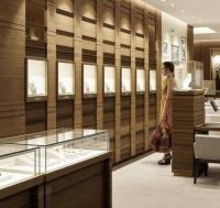 China Luxury Square Jewelry Display Cabinet | Light Wood Body Gold Metal Frame | Glass Showcase Built-in LED Strip Lights MDF Showroom for sale