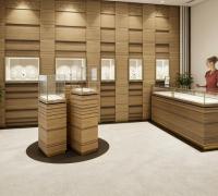 China Luxury Square Jewelry Display Cabinet | Light Wood Body Gold Metal Frame | Glass Showcase Built-in LED Strip Lights MDF Showroom for sale