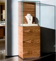 China Luxury Tall Freestanding Jewelry Display Case Wooden Base Tempered Glass Showcase LED Lighting Customized Design Retail Store for sale