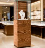 China Luxury Tall Freestanding Jewelry Display Case Wooden Base Tempered Glass Showcase LED Lighting Customized Design Retail Store for sale