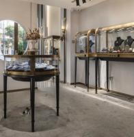 China Vintage Luxury Jewelry Display Showcases High End Custom Glass with Gold Trim LED Lighting for Retail Store and Showroom for sale