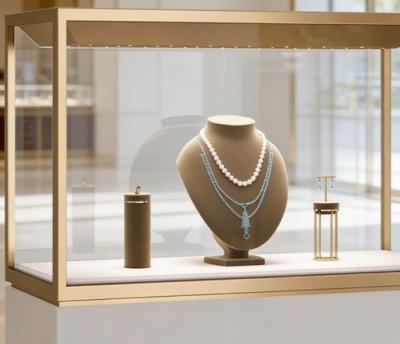China Elegant Gold Metal Frame Jewelry Display Cabinet Tempered Glass Showcase Beige Velvet Stand Premium Necklace Store Display LED for sale
