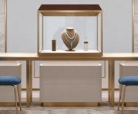 China Elegant Gold Metal Frame Jewelry Display Cabinet Tempered Glass Showcase Beige Velvet Stand Premium Necklace Store Display LED for sale