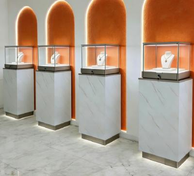 China Custom Museum-Grade Jewelry Display Case, Stainless Steel Frame with LED Lighting & Marble Base for sale