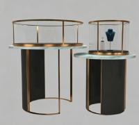 China Custom Luxury Jewelry Store Round Island Display Cabinet, Gold Trim Glass Jewelry Showcase for sale