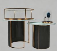 China Custom Luxury Jewelry Store Round Island Display Cabinet, Gold Trim Glass Jewelry Showcase for sale