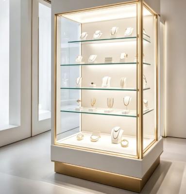China Luxury Vertical Fluted Red Velvet Gold Jewelry Display Cabinet, Premium Glass Showcase for High-End Gold Retail for sale