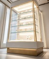 China Luxury Vertical Fluted Red Velvet Gold Jewelry Display Cabinet, Premium Glass Showcase for High-End Gold Retail for sale