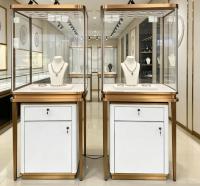 China Custom Glass Jewellery Display Table Showcase Rectangle Painted White Wood Jewelry Display Counter for Jewelry Shop for sale