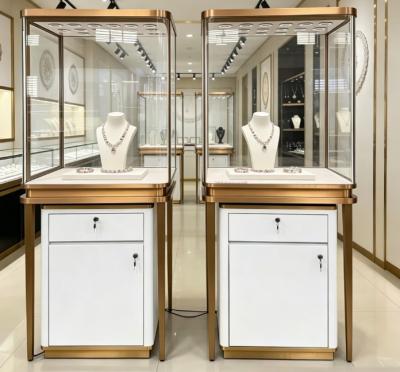 China Custom Glass Jewellery Display Table Showcase Rectangle Painted White Wood Jewelry Display Counter for Jewelry Shop for sale