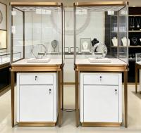 China Custom Glass Jewellery Display Table Showcase Rectangle Painted White Wood Jewelry Display Counter for Jewelry Shop for sale