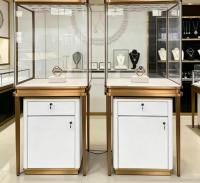 China Custom Glass Jewellery Display Table Showcase Rectangle Painted White Wood Jewelry Display Counter for Jewelry Shop for sale