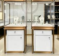 China Custom Glass Jewellery Display Table Showcase Rectangle Painted White Wood Jewelry Display Counter for Jewelry Shop for sale