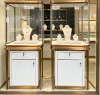 China Custom Glass Jewellery Display Table Showcase Rectangle Painted White Wood Jewelry Display Counter for Jewelry Shop for sale