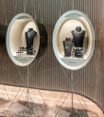 China Modern Dark Industrial LED Suspended Jewelry Display Case VIP Lounge Set High End Custom Design for Luxury Boutique Retail Store for sale