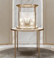 China Custom Jewelry Store Pedestal Showcase Round/Square Glass Acrylic Display Case Tall Stand LED Ambient Necklace Ring Size Logo for sale
