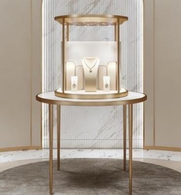 China Custom Jewelry Store Pedestal Showcase Round/Square Glass Acrylic Display Case Tall Stand LED Ambient Necklace Ring Size Logo for sale