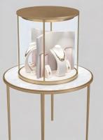 China Custom Jewelry Store Pedestal Showcase Round/Square Glass Acrylic Display Case Tall Stand LED Ambient Necklace Ring Size Logo for sale
