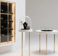 China Combined Aluminium Jewelry Display Set | Arched Wall Cabinet + Dome Pedestal + Marble Side Table | LED Lights Retail Showroom for sale