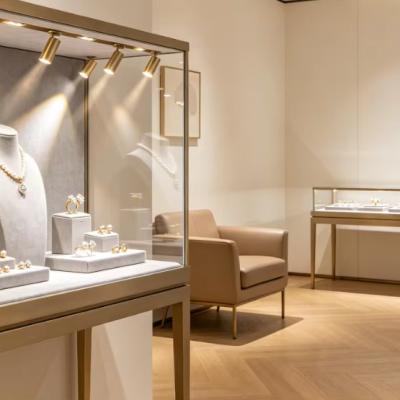 China Modern Wood Glass Display Showcase Cabinet with LED Lighting High Quality GZowin Brand for Luxury Jewelry Gift Shopping Mall for sale