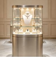 China Luxury Commercial Durable Stainless Steel Jewelry Display Stand Set Customized Necklace Cabinet LED Lighting Premium Showcases for sale