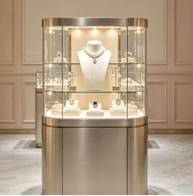 China Luxury Commercial Durable Stainless Steel Jewelry Display Stand Set Customized Necklace Cabinet LED Lighting Premium Showcases for sale
