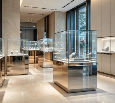 China Custom High-End Jewelry Store Mirror Stainless Steel Freestanding Display, Glass Showcase for Luxury Jewelry for sale