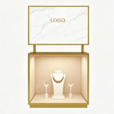 China Custom Luxury Jewelry Store Gold Frame Marble LOGO Vertical Display Cabinet, Glass Showcase for sale