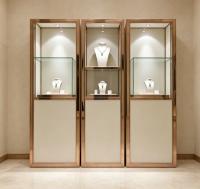 China Luxury Rose Gold Trim Jewelry Display Cabinet, Tall Glass Showcase with LED Lighting for High-End Jewelry for sale