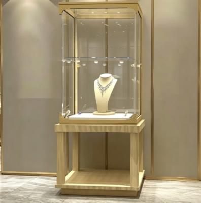 China Luxury Natural Wood & Gold Frame Jewelry Display Case, Freestanding Glass Showcase for sale