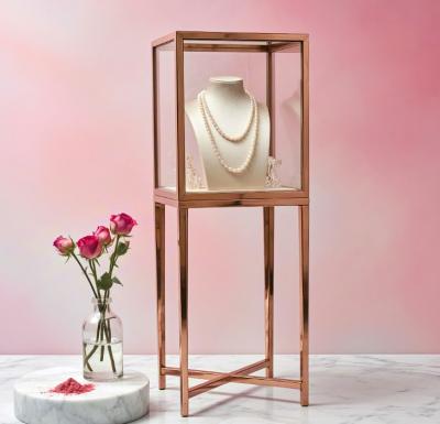 China Luxury Rose Gold Freestanding Jewelry Display Case, Premium Glass Showcase for Necklaces & Earrings for sale