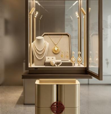 China Luxury New Chinese Style Freestanding Jewelry Display Cabinet Premium Tempered Glass Showcase LED Lighting Retail Store for sale