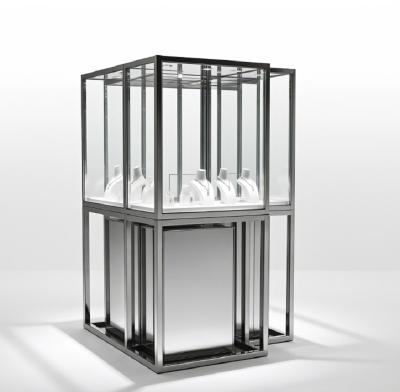 China Handcrafted Premium Jewelry Island Brushed Stainless Steel Tempered Glass LED Lit Organizer Lockable Base Luxury Watch for sale
