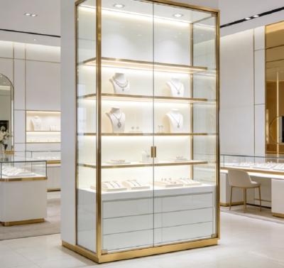 China White Gold Full-Glass Jewelry Display Cabinet Custom LED-Lit Showcase Lockable Storage Durable High Quality Jewelry Showroom for sale