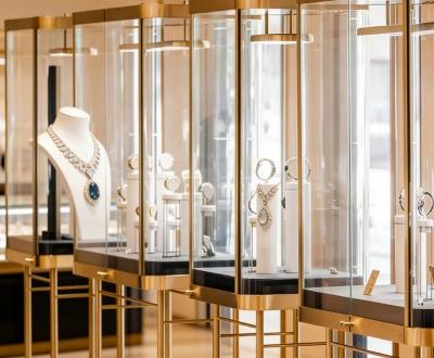 China Luxury Freestanding Gold Jewelry Display Cabinet LED Lighting Customizable Design for Commercial Jewelry Store Displays Malls for sale