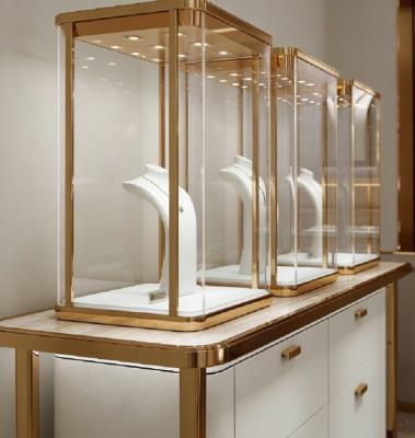 China Luxury Floor-Standing Glass Dome Jewelry Display Cabinet Custom Gold Plated Metal LED Lighting Customizable Dimensions/Shelves for sale