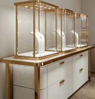 China Luxury Floor-Standing Glass Dome Jewelry Display Cabinet Custom Gold Plated Metal LED Lighting Customizable Dimensions/Shelves for sale